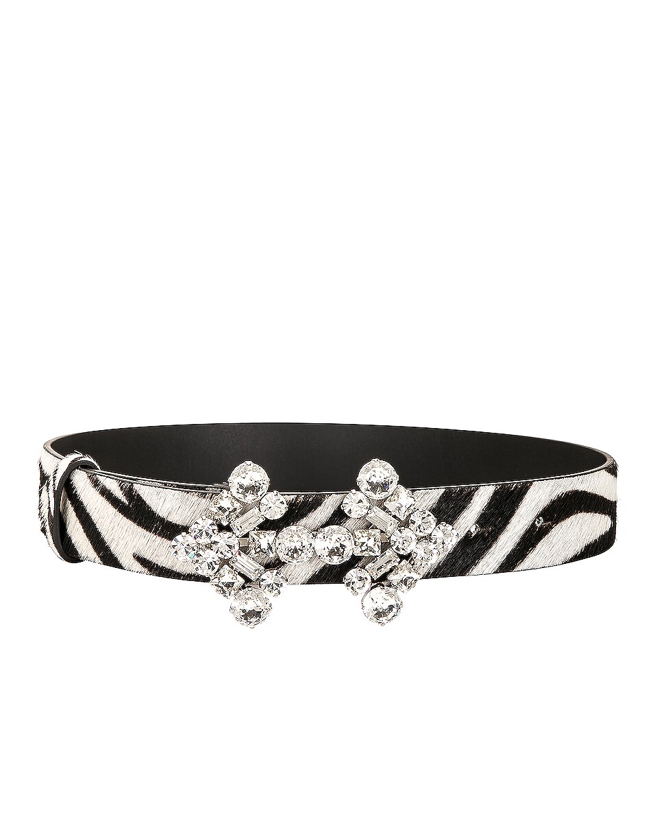 Alessandra Rich Zebra Print Leather Belt With Crystal in White & Black ...