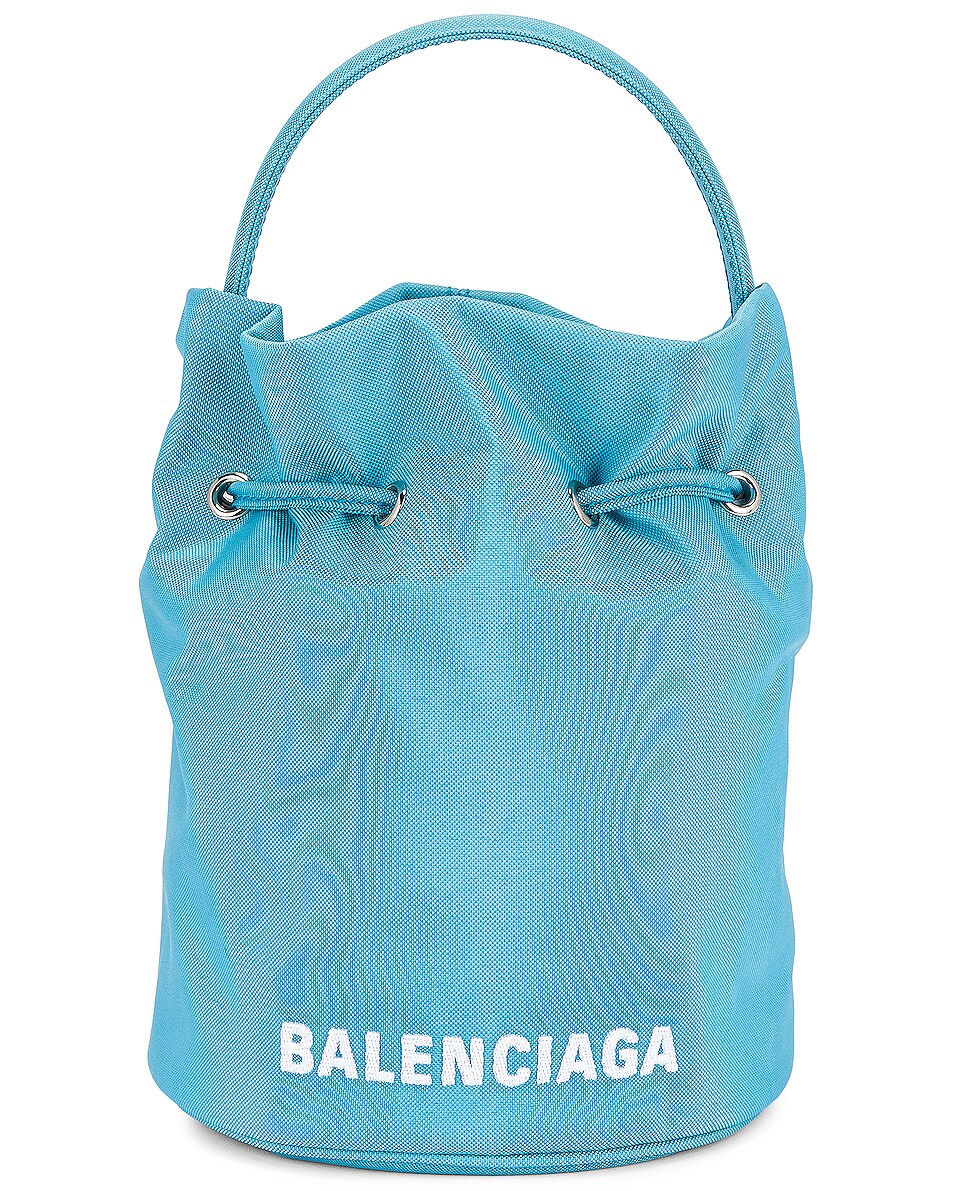 Balenciaga XS Wheel Drawstring Bucket Bag in Azur & White | FWRD