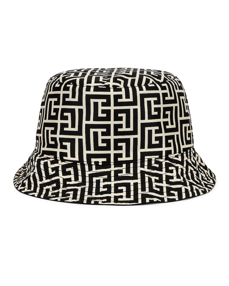 BALMAIN Monogram Reversible Bucket Hat in Noir & Ivoire | FWRD