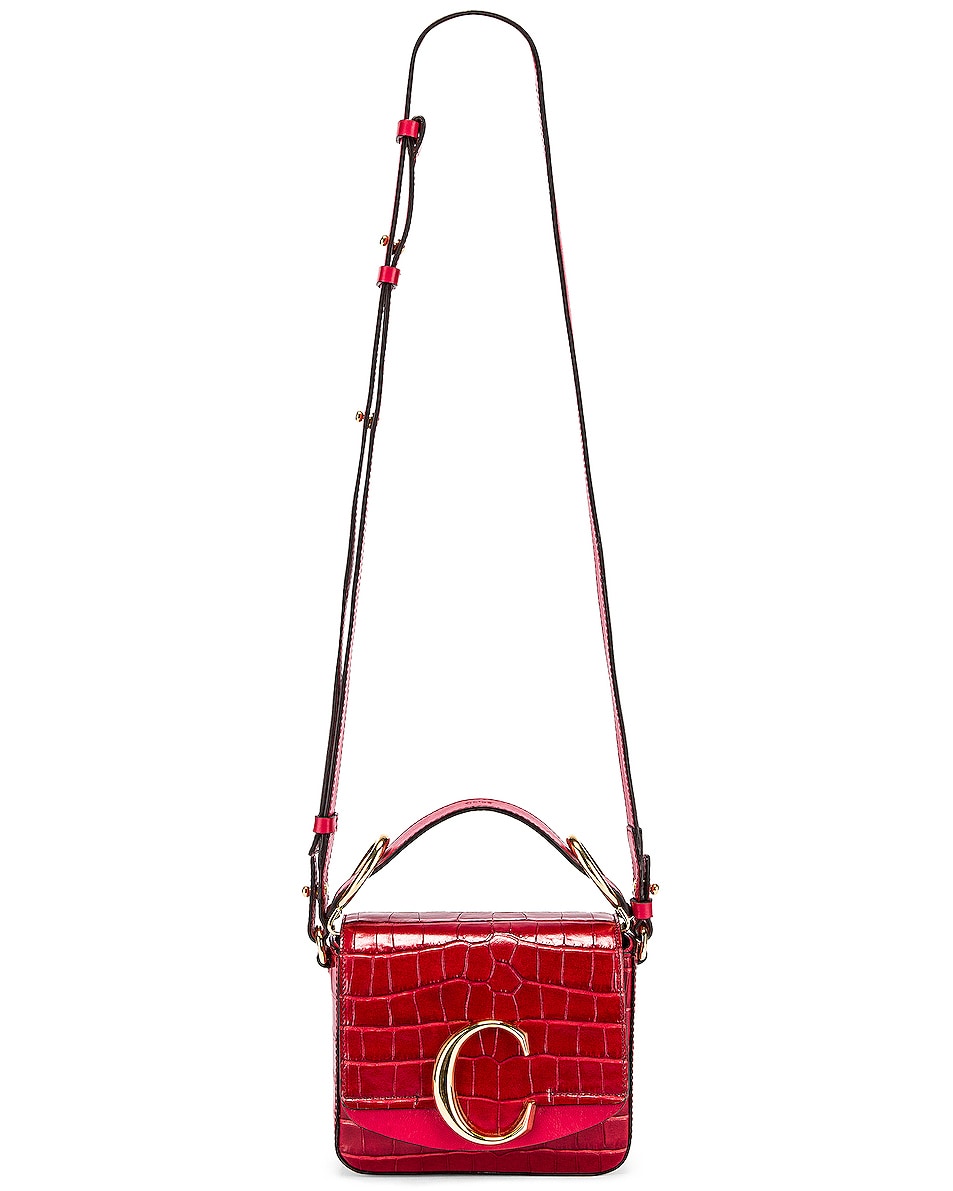 Chloe Mini C Embossed Croc Box Bag in Dusky Red | FWRD