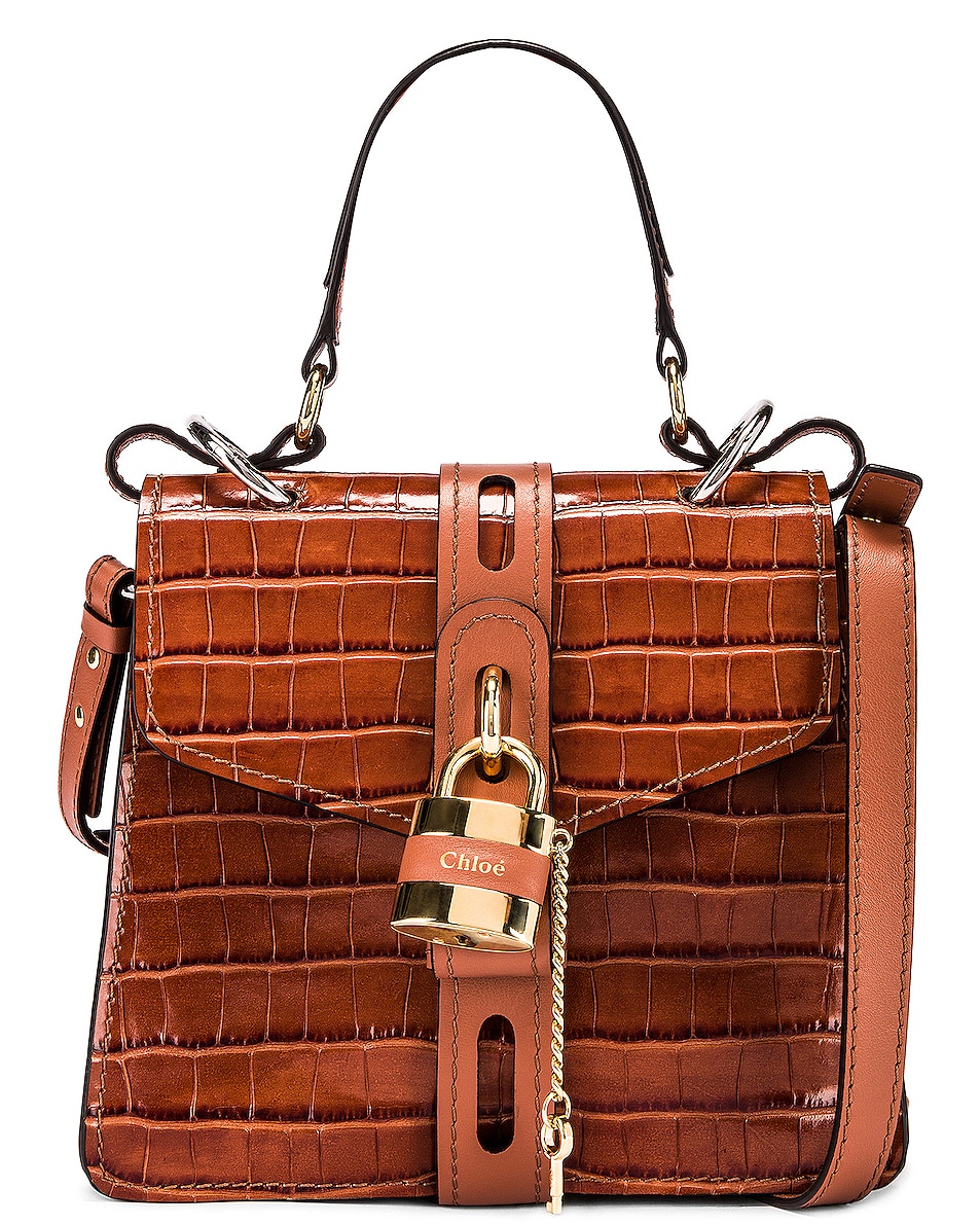 Chloe Small Aby Embossed Croc Day Bag in Chestnut Brown | FWRD