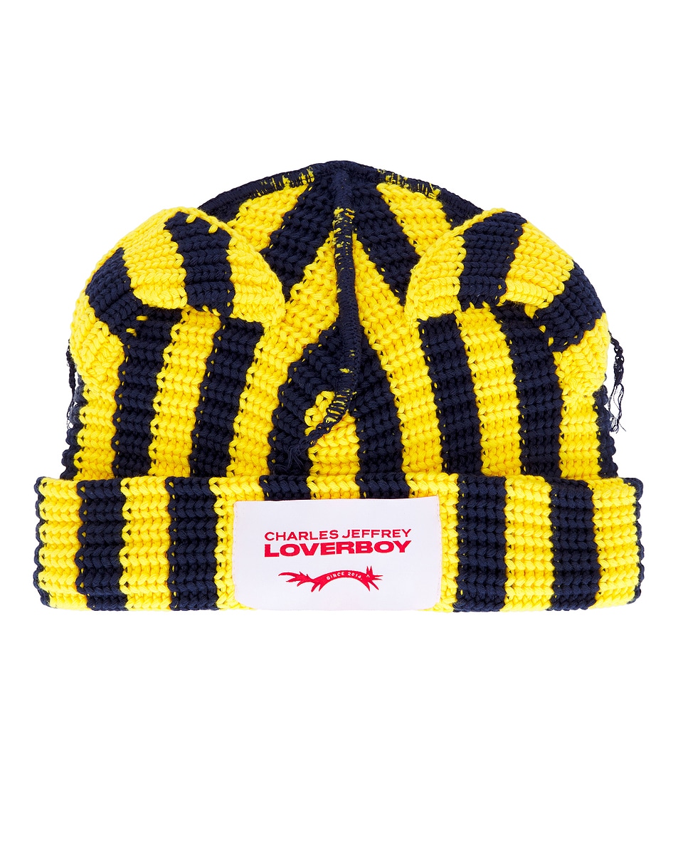 Charles Jeffrey LOVERBOY Chunky Ears Beanie in Yellow & Navy Stripe | FWRD