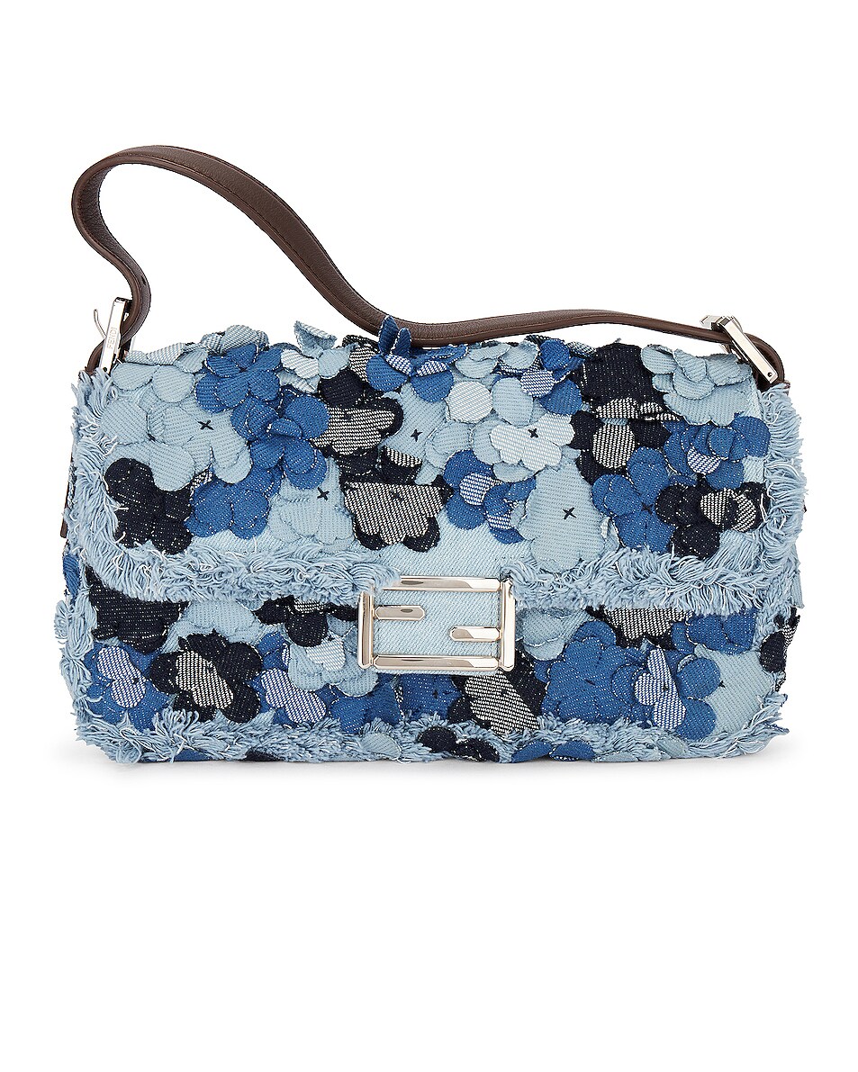 FWRD Renew Fendi Denim Flowers Baguette Bag in Blue | FWRD