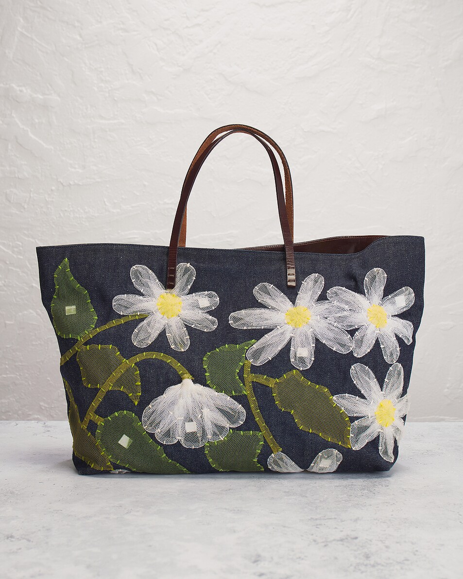 FWRD Renew Fendi Denim Flower Embroidered Tote Bag in Dark Blue | FWRD