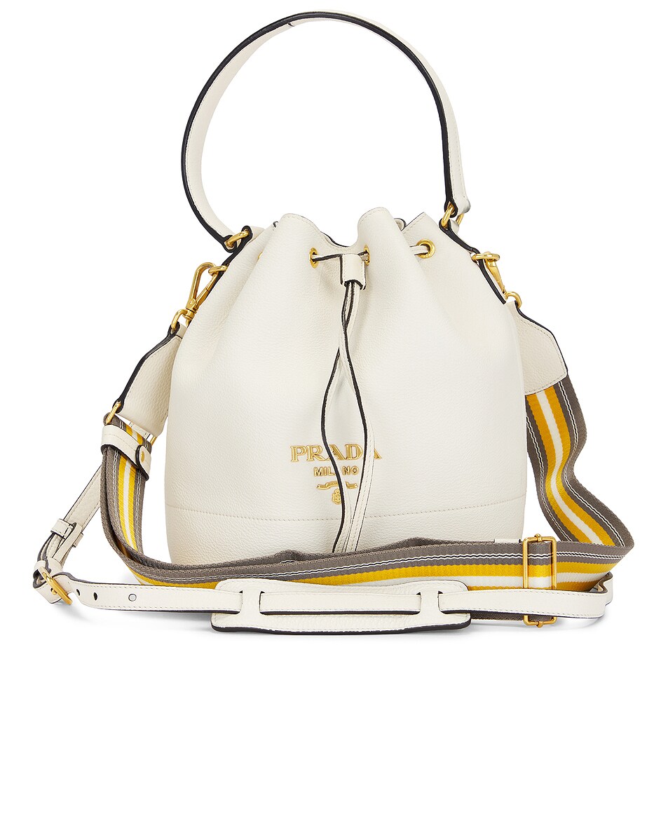 FWRD Renew Prada Vitello Daino Bucket Bag in White | FWRD