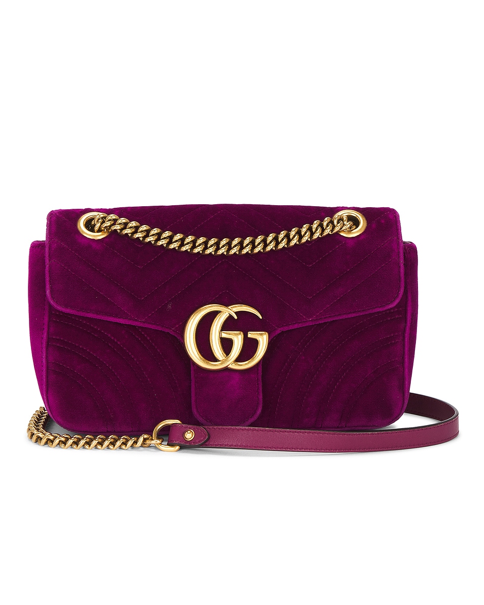 FWRD Renew Gucci Velvet GG Marmont Shoulder Bag in Fuchsia | FWRD