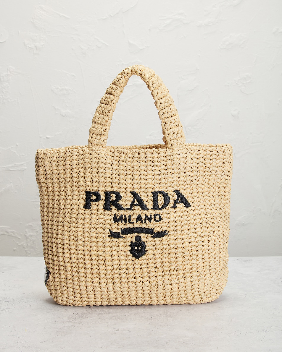 FWRD Renew Prada Raffia Logo Tote Bag in Beige | FWRD