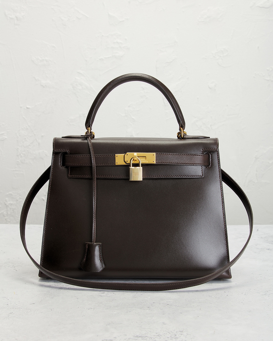 FWRD Renew Hermes 1991 Box Kelly 28 Handbag in Chocolate | FWRD