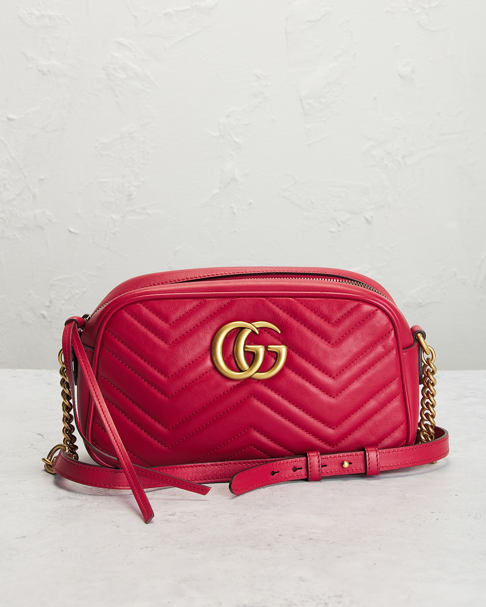 FWRD Renew Gucci Mini GG Marmont Shoulder Bag in Hibiscus Red | FWRD