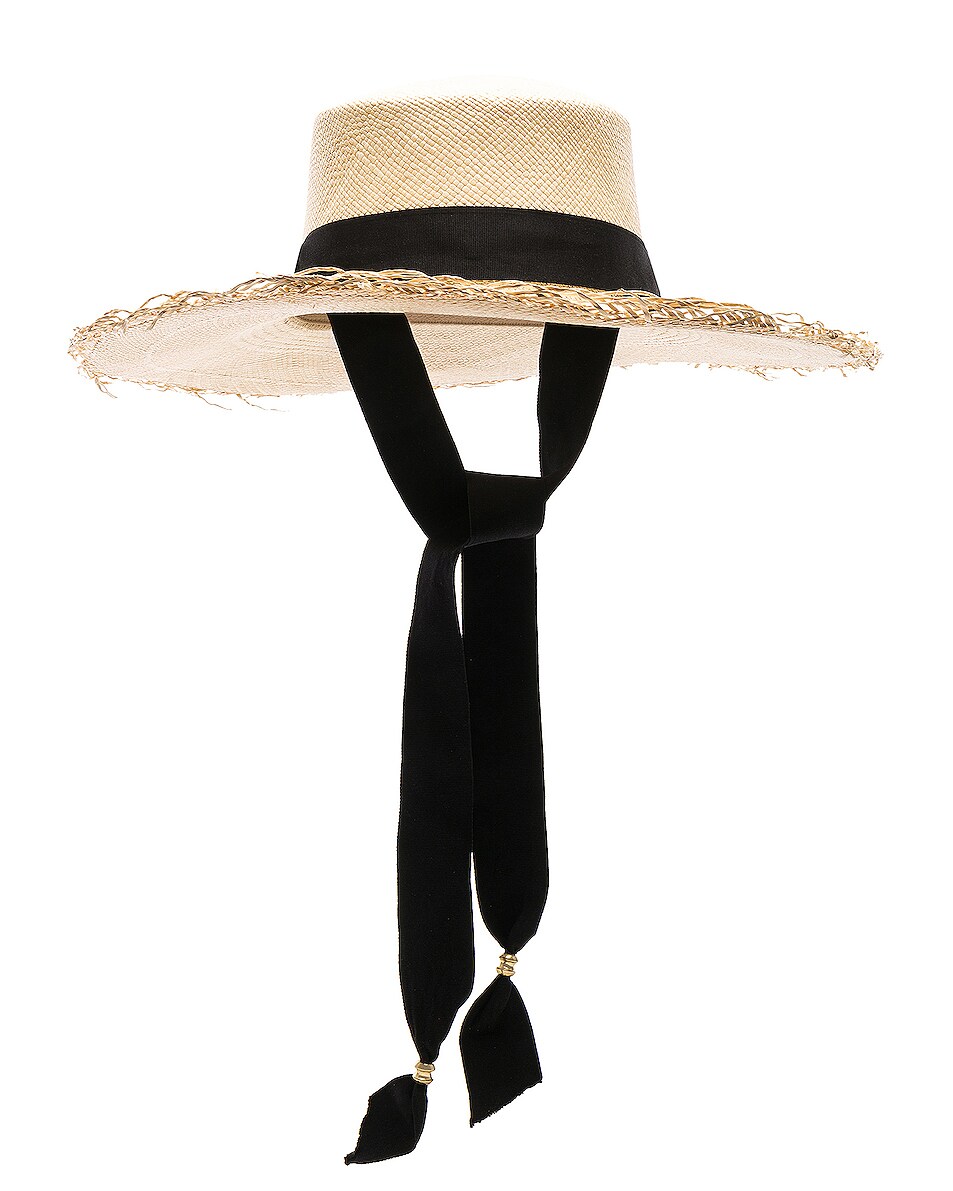 SENSI STUDIO Frayed Boater Hat with Band in Natural & Black | FWRD