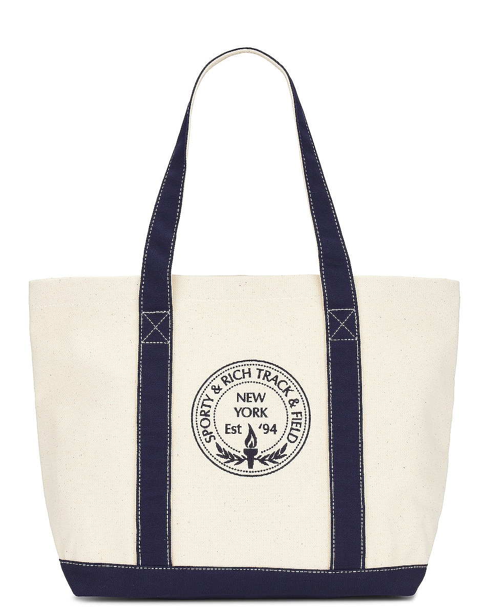 Sporty & Rich Central Two Tone Tote Bag in Natural & Navy | FWRD