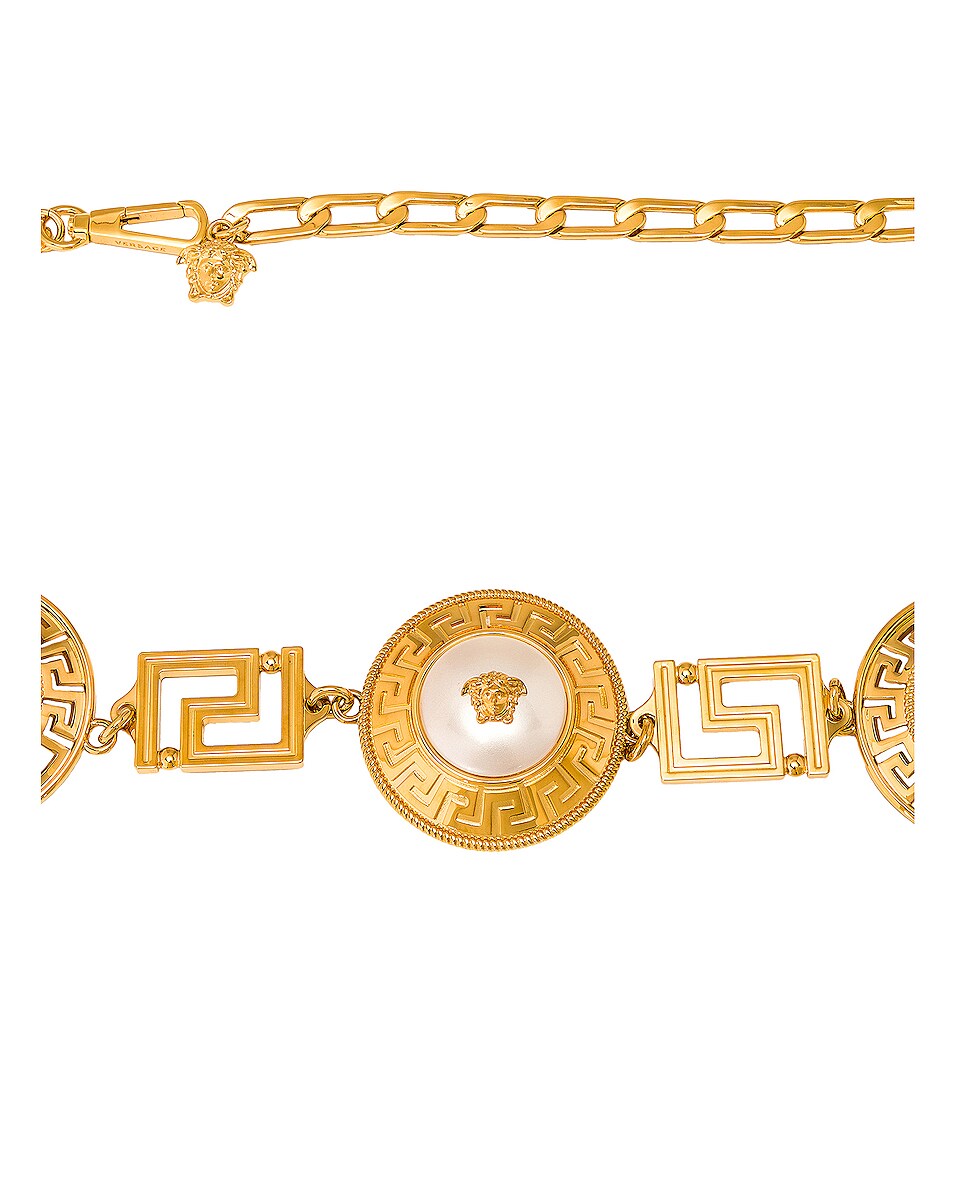 VERSACE Greca Pearl Chain Belt in Oro & Bianco | FWRD