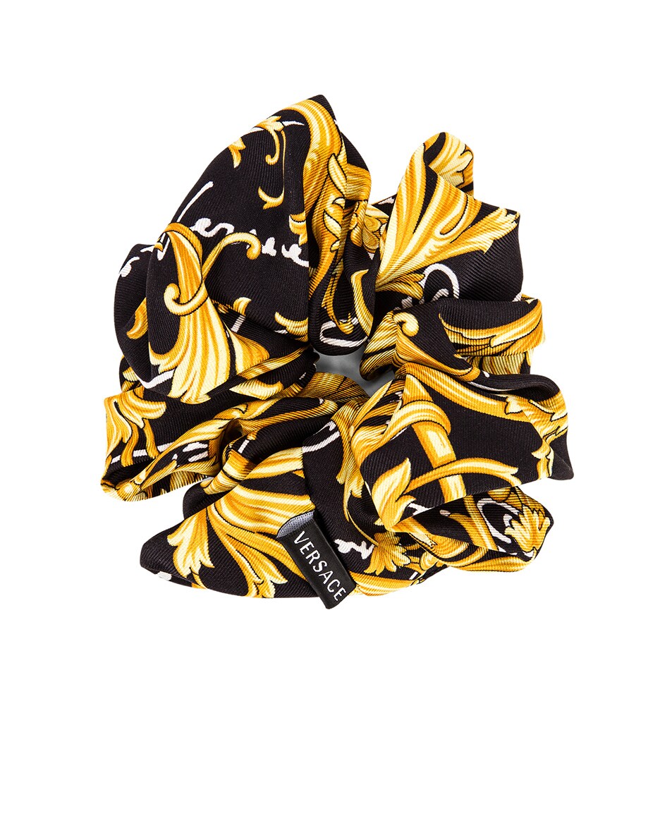 VERSACE Brocade Hair Scrunchie in Black & Gold | FWRD