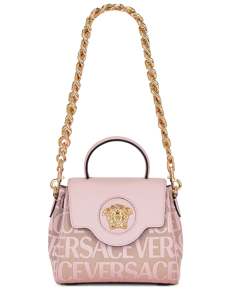VERSACE Top Handle Bag in Beige, Baby Pink, & Versace Gold | FWRD