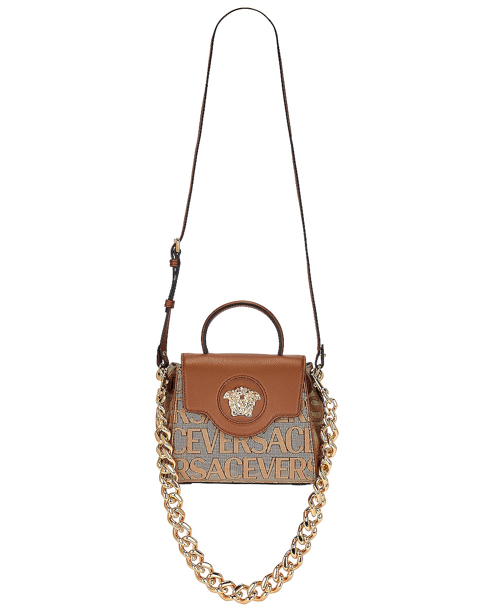 VERSACE Top Handle Bag in Beige, Brown, & Versace Gold | FWRD