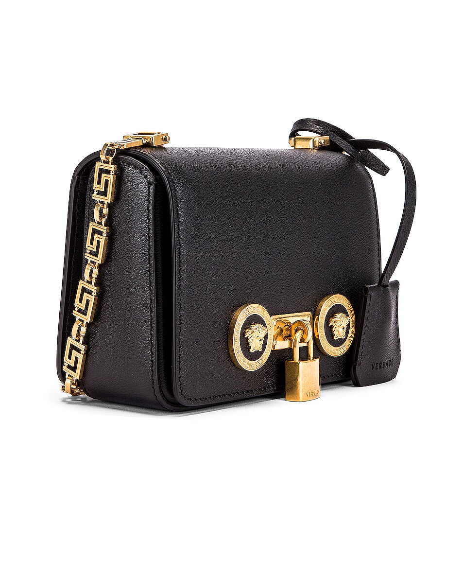 VERSACE Small Icon Flap Shoulder Bag in Black & Gold | FWRD