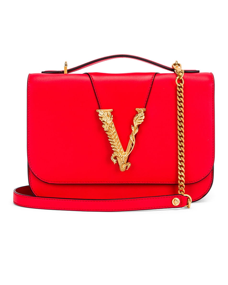 VERSACE Leather Tribute Crossbody Bag in Red & Gold | FWRD