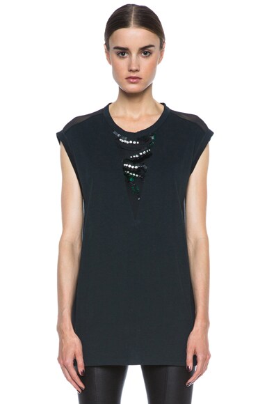 3.1 phillip lim Embellished Deep V Cotton Muscle Tank in Soft Black | FWRD