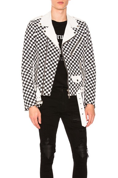 Amiri Check Denim Biker Jacket in Black & White | FWRD