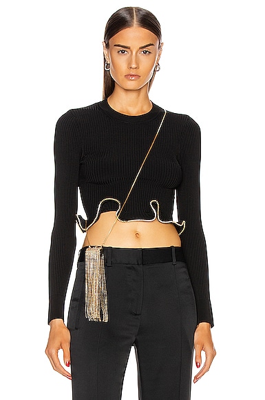 AREA Wavy Hem Long Sleeve Cropped Top in Black | FWRD
