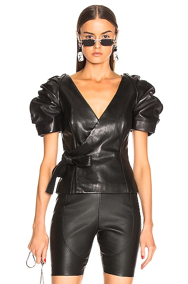 AREA Leather Wrap Top in Black | FWRD
