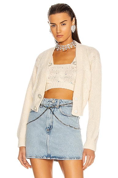 Alessandra Rich Wool Knit Cropped Cardigan in White | FWRD