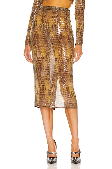 Alessandra Rich Embroidered Python Print Midi Skirt in Yellow | FWRD
