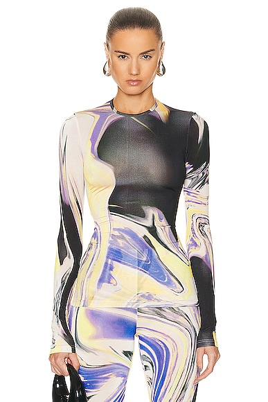 Mugler Sheer Tulle Bodysuit in Neon Yellow & Nude | FWRD