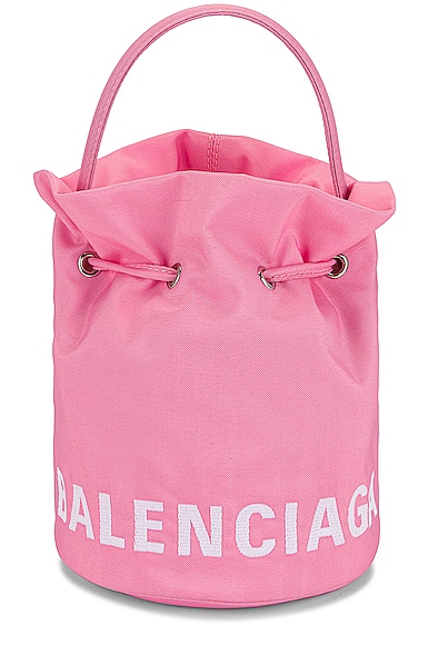 Balenciaga XS Wheel Drawstring Bucket Bag in Pink & Light White | FWRD