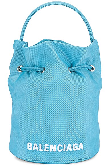 Balenciaga XS Wheel Drawstring Bucket Bag in Azur & White | FWRD