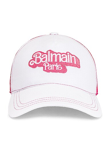 BALMAIN Logo Trucker Hat in Blanc & Rose | FWRD