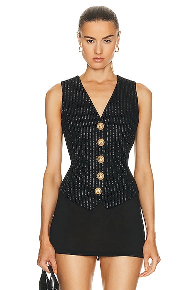 BALMAIN Sleeveless Lurex Striped Vest Top in Noir | FWRD