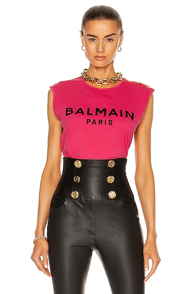 BALMAIN Three Button Flocked Logo Tank Top in Fuchsia & Noir | FWRD