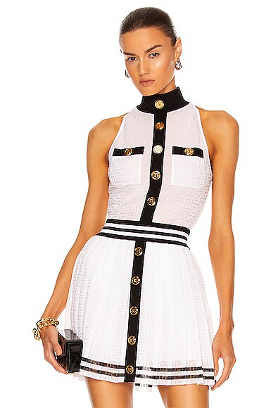 BALMAIN Sleeveless Monogram Bodysuit in Blanc & Noir | FWRD