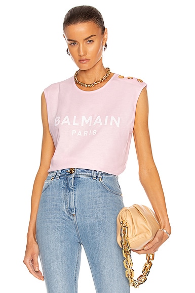 BALMAIN Three Button Logo Tank Top in Pale Rose & Blanc | FWRD