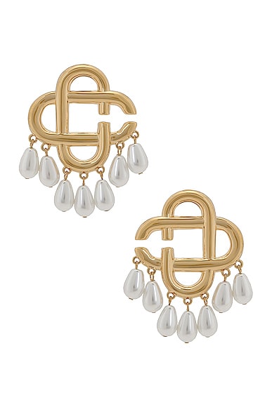 Casablanca Gold & White Pearl Drop Logo Earrings | ModeSens