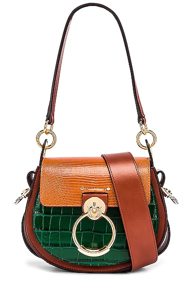 Chloe Small Tess Embossed Croc & Lizard Bag in Brown & Green | FWRD