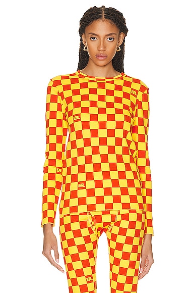 ERL Checker Print Waffle Longsleeve T Shirt in Orange | FWRD