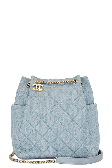 FWRD Renew Chanel Denim Drawstring Chain Bucket Bag in Blue | FWRD