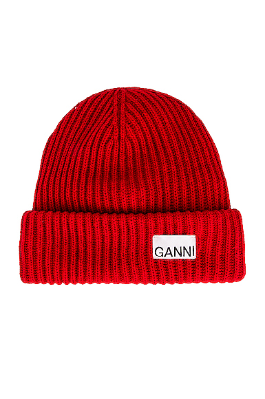Ganni Rib Knit Beanie in High Risk Red | FWRD