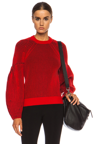 Givenchy Ribbed Wool-Blend Sweater with Pouf Sleeves in Red | FWRD