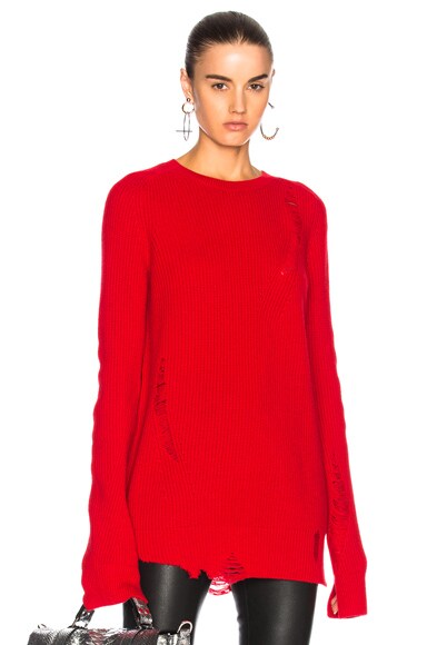 Helmut Lang Distressed Crew Neck Sweater in Amaryllis | FWRD