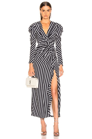 SIMKHAI Multimedia Stripe Ruffle Slit Dress in Midnight & White | FWRD