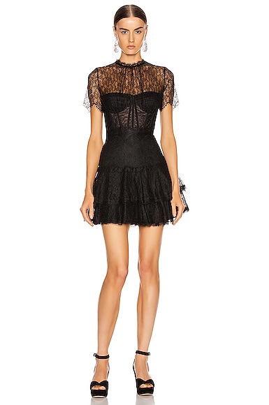 SIMKHAI Lace Bustier Mini Ruffle Dress in Black | FWRD