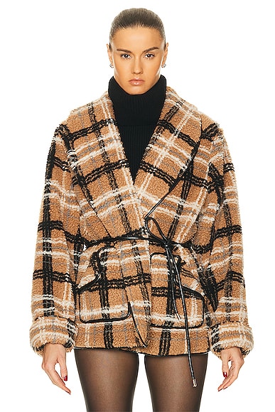 SIMKHAI Kimia Tie Waist Jacket in Camel Plaid | FWRD