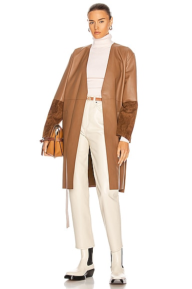 Loewe Leather Coat in Brown & Khaki Green | FWRD