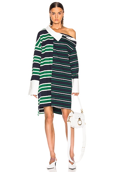 Monse Striped Shifted Rugby Dress in Navy, Green & Ivory | FWRD