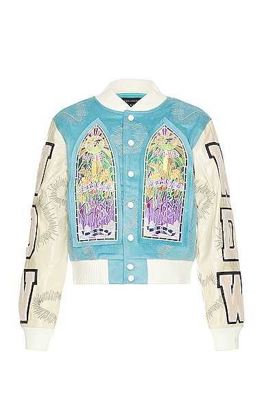 Who Decides War by Ev Bravado Namesake Varsity Jacket in Sky | FWRD