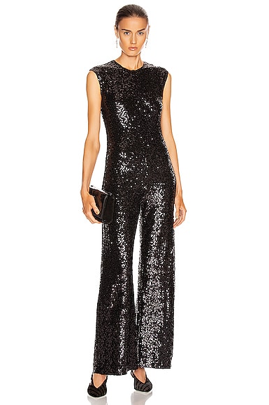 Norma Kamali Overlapping Sequin Sleeveless Jumpsuit in Black | FWRD