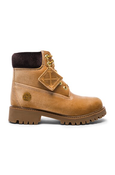 OFF-WHITE x Timberland Velvet Hiking Boots in Camel | FWRD